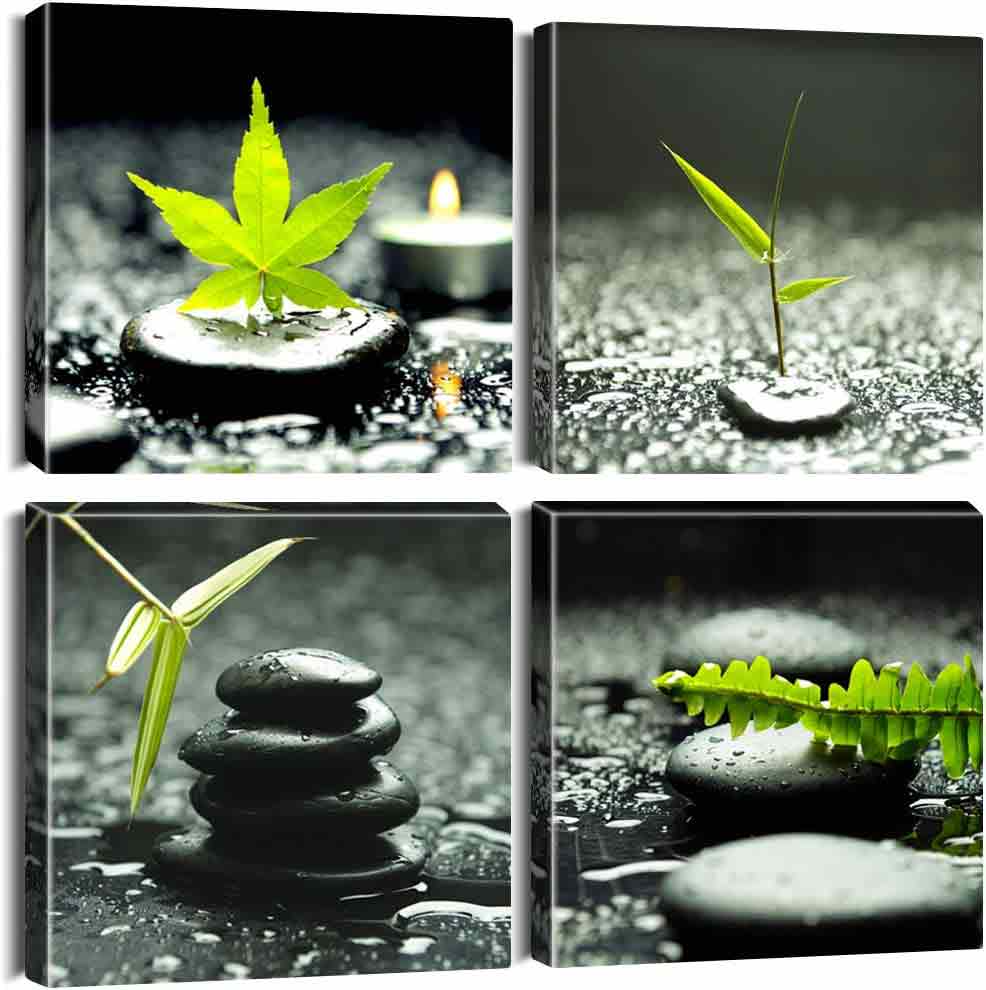 Canvas Prints Wall Art - Green Leaf Raindrops and Stones Picture ...